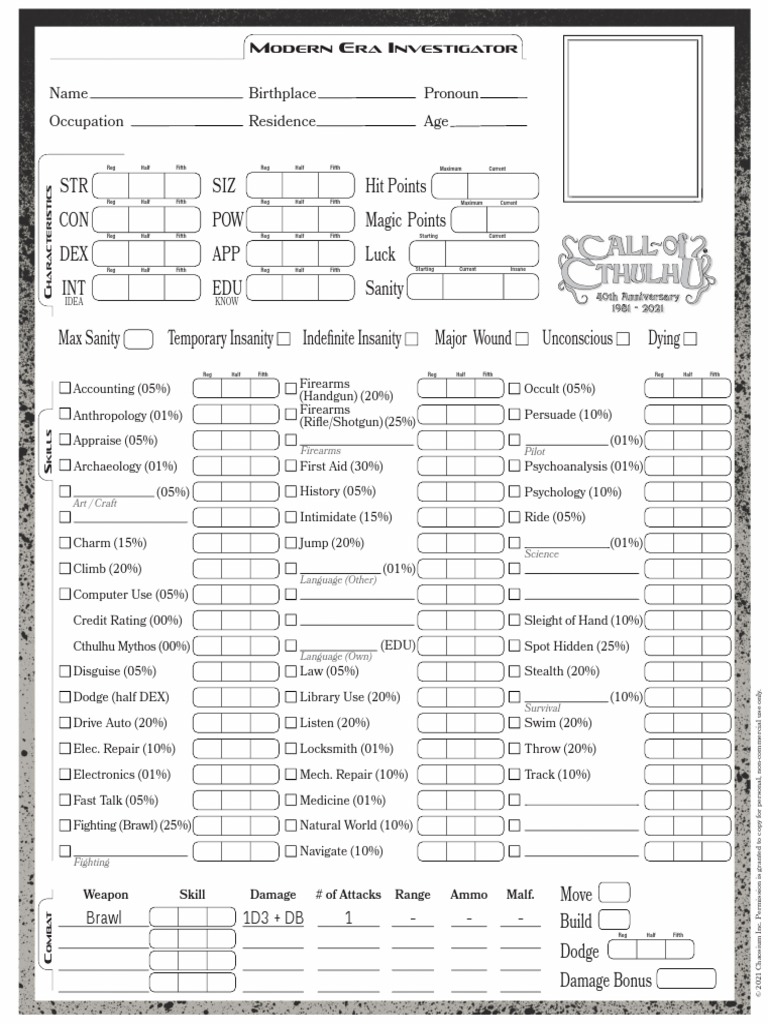 CoC7 PC Sheet - Auto-Fill - Modern - Standard - Grayscale | PDF
