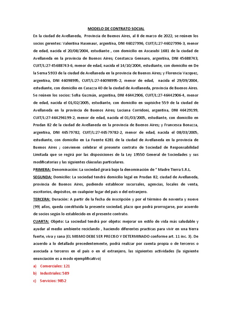 CONTRATO SRL Modelo Contrato Social | PDF | Sociedad de responsabilidad limitada | Bancos