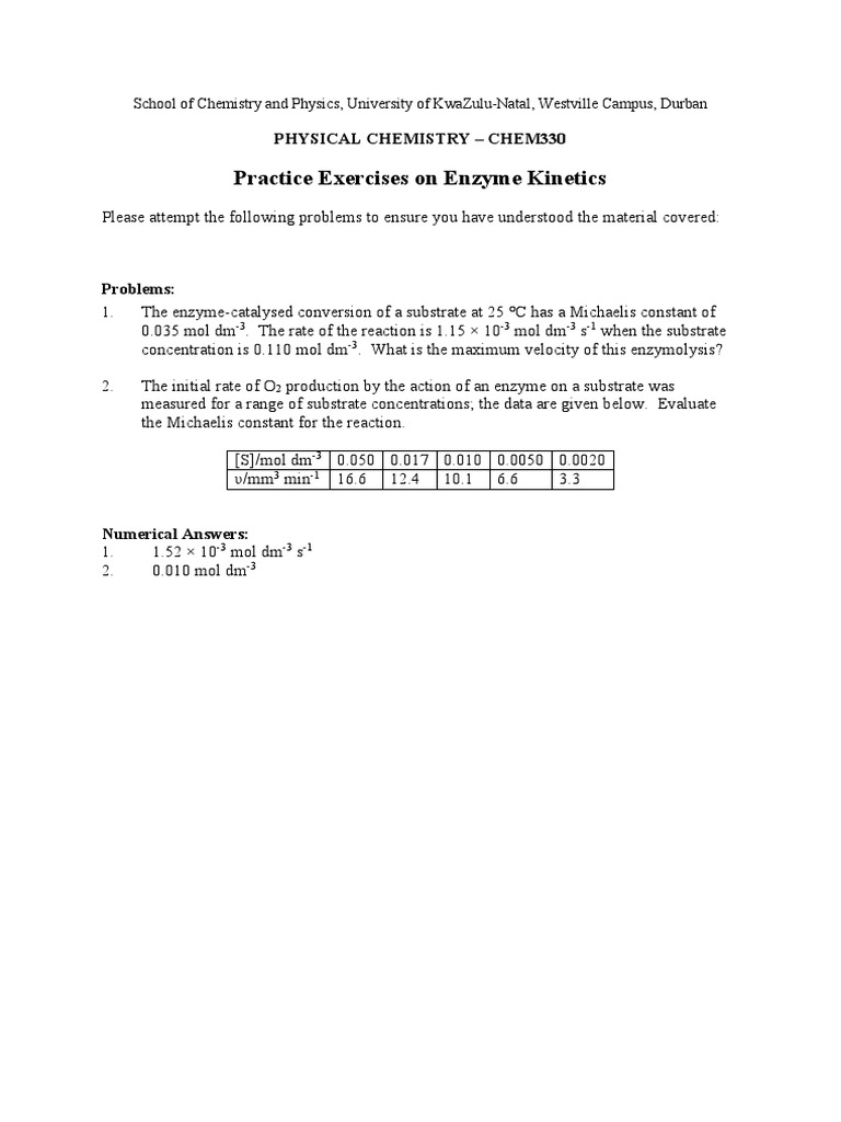 6 - Tutorial 6 - Practice Exercises On Enzyme Kinetics | PDF