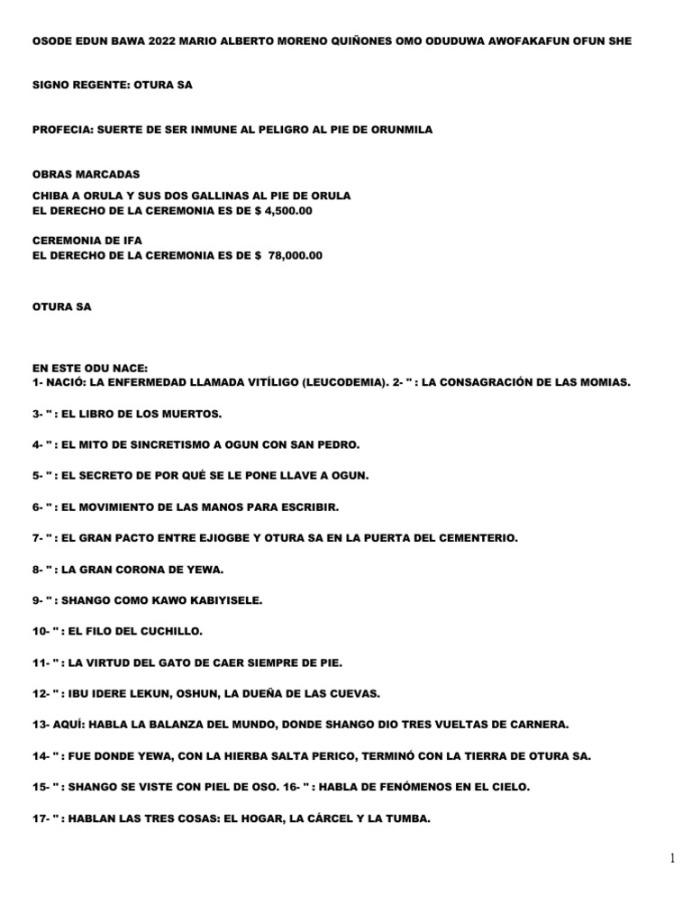 Significado del Odu Otura Sa en Ifá | PDF | Pollo | Santeria