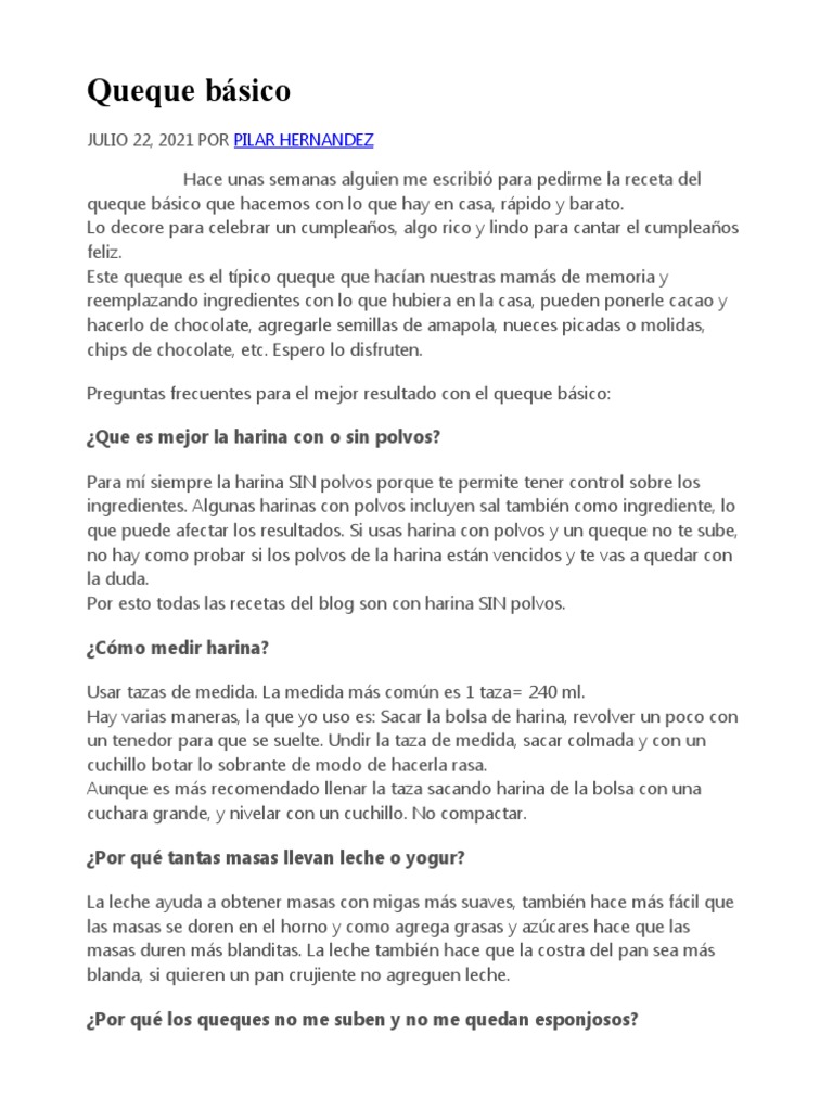 Queque Básico y Tips | PDF | Cocina occidental | Alimentos
