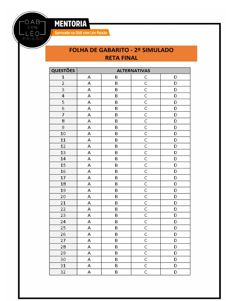 Folha de Gabarito 2o Simulado | PDF