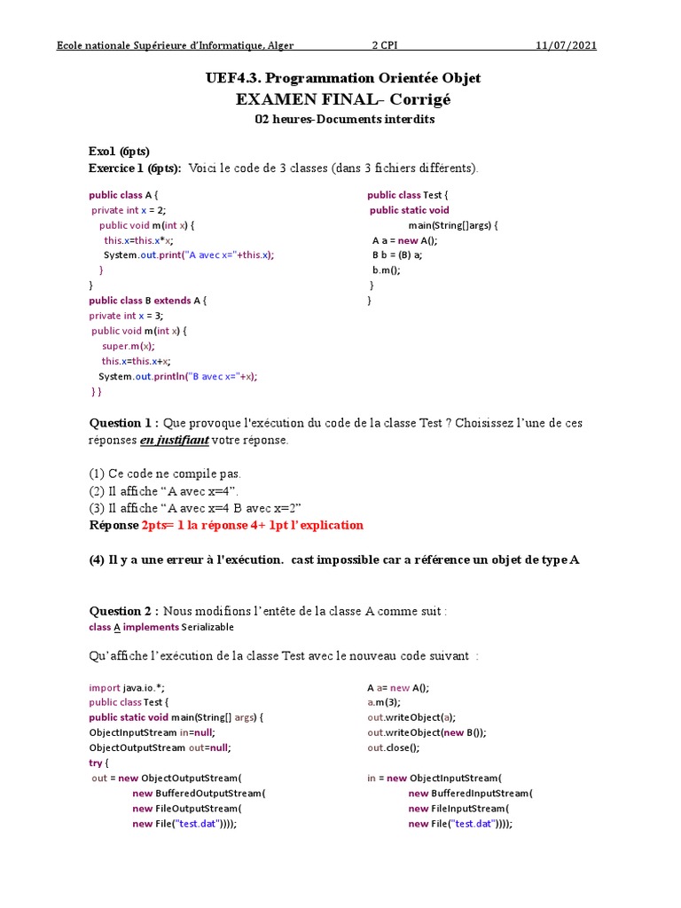 Corrigé CF Poo 2020-2021 | PDF | Java (Langage de programmation) | Interface (Informatique)