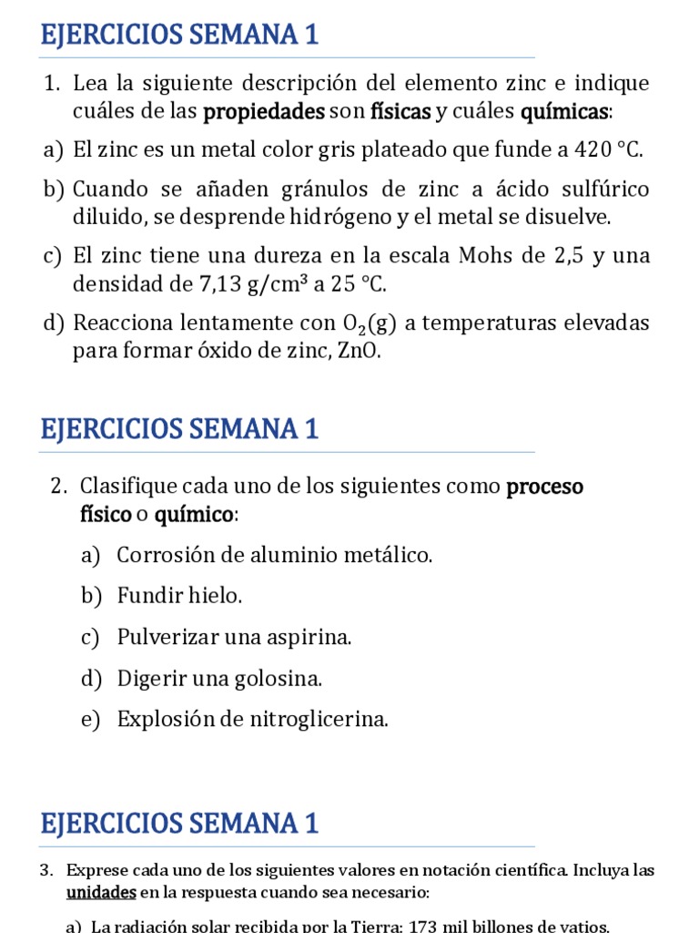 Ejerc Semana1 | PDF | Óxido de zinc | Hidrógeno