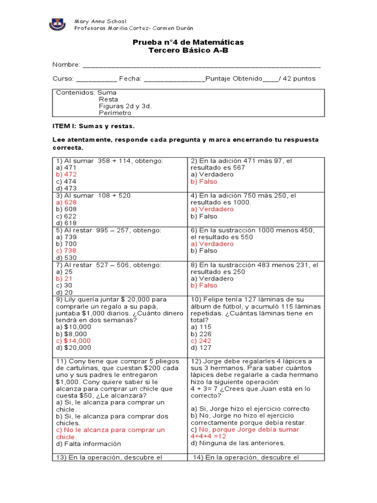 Prueba N°4 Matemáticas 3° Básico Mary | PDF
