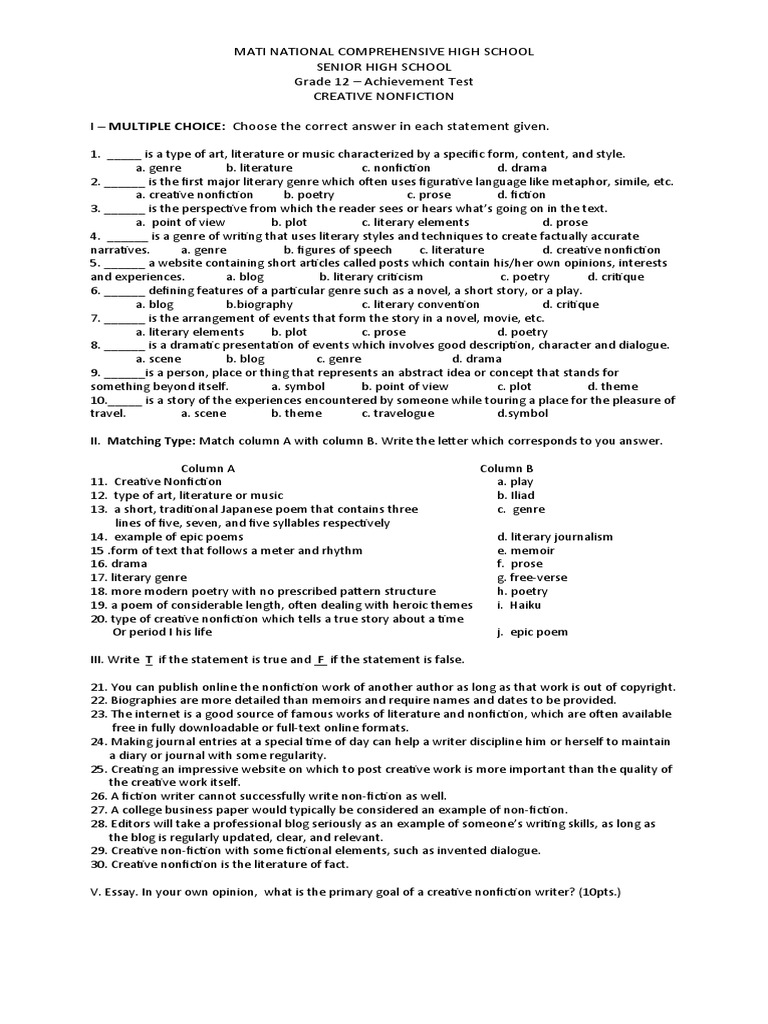 Creative Nonfiction Pre Test | PDF