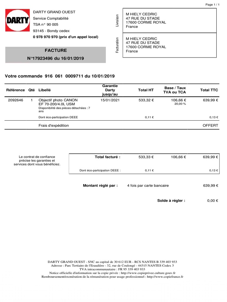 Facture DARTY OBJ Canon PDF PDF Commerce Business | PDF | Technologie numérique | Œuvres ...