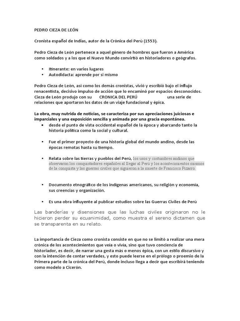 Pedro Cieza de León: Cronista del Perú | PDF