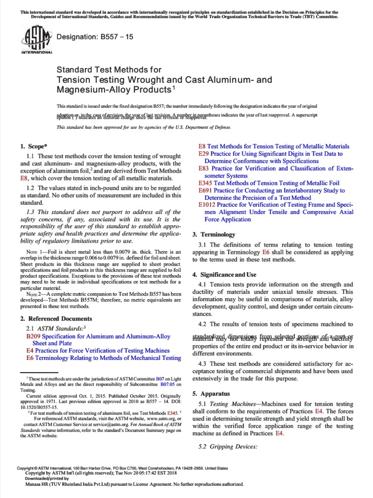 ASTM B557-15 Tension Testing Standard | PDF