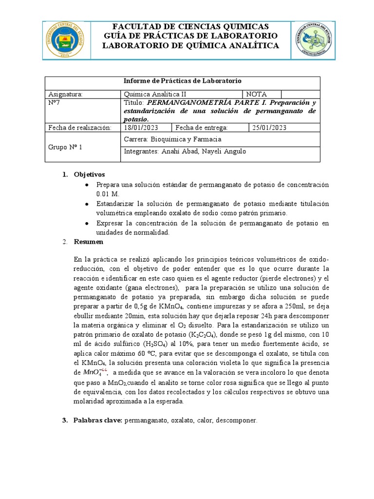 Practica 7 - Permanganometria P1 | PDF | Valoración | Química