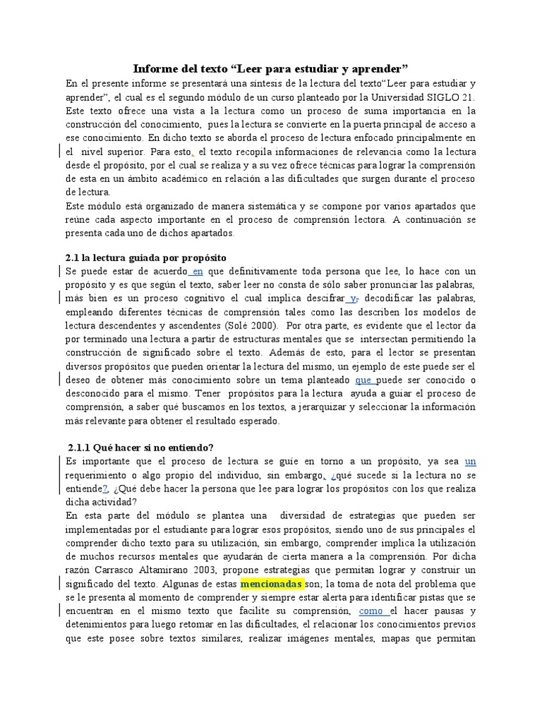 Borrador Revisado Informe de Lectura Leer para Aprender | PDF | Comprensión lectora | Aprendizaje