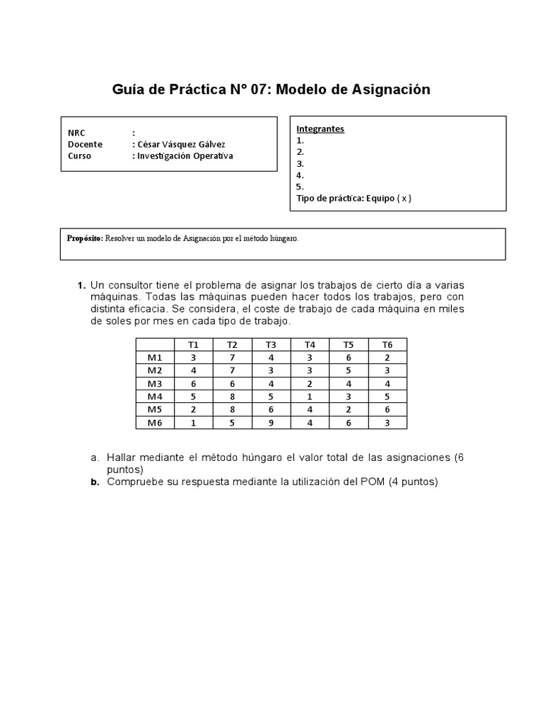 Semana N°9 Practica Modelo De Asignación Método Hungaro Pdf