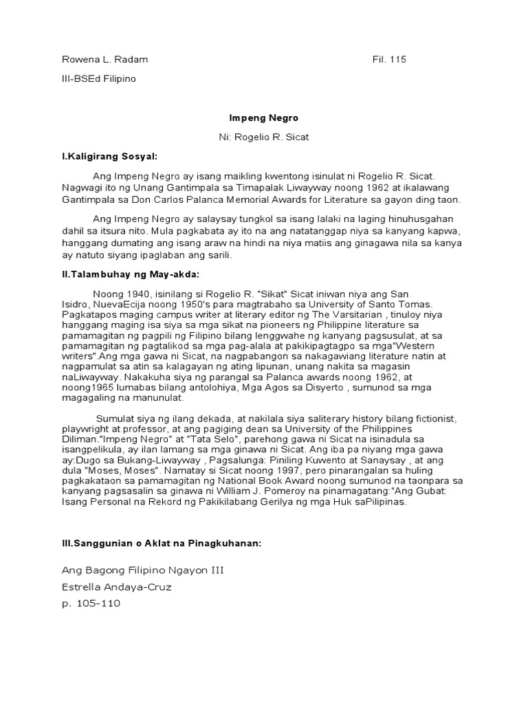 Impeng Negro Ni Rogelio R. Sicat | PDF