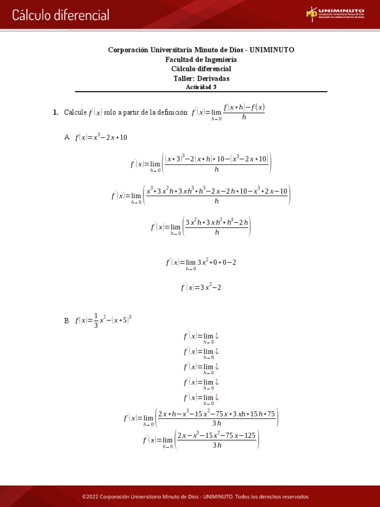 Taller de Derivadas Calculo Integral | PDF | Derivado | Enseñanza de ...