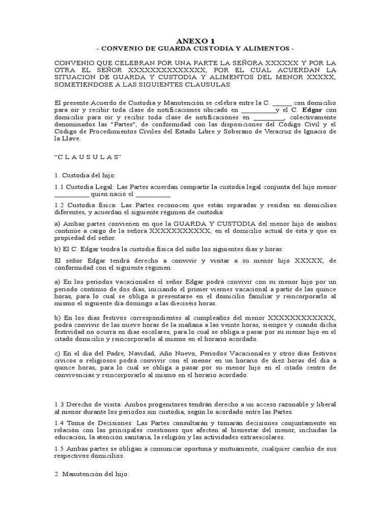 Convenio de Guarda Custodia y Alimentos | PDF | Pensión alimenticia | Jurisdicción