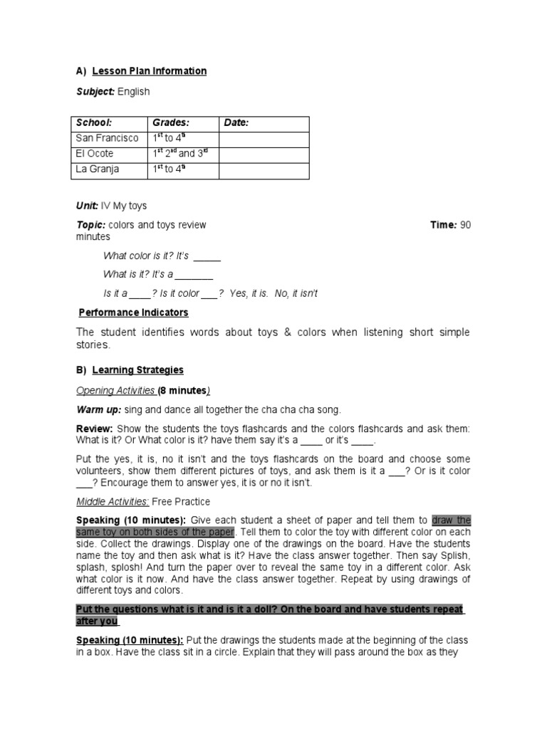 Toys and Colors First Grade Learn To Make Questions | PDF | Learning ...