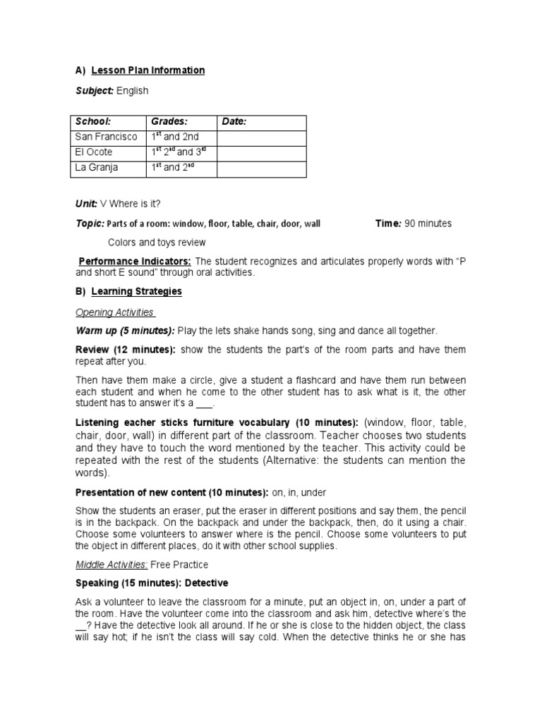 Lesson Plan From 2 Hours 1st Grade | PDF | Lesson Plan | Classroom
