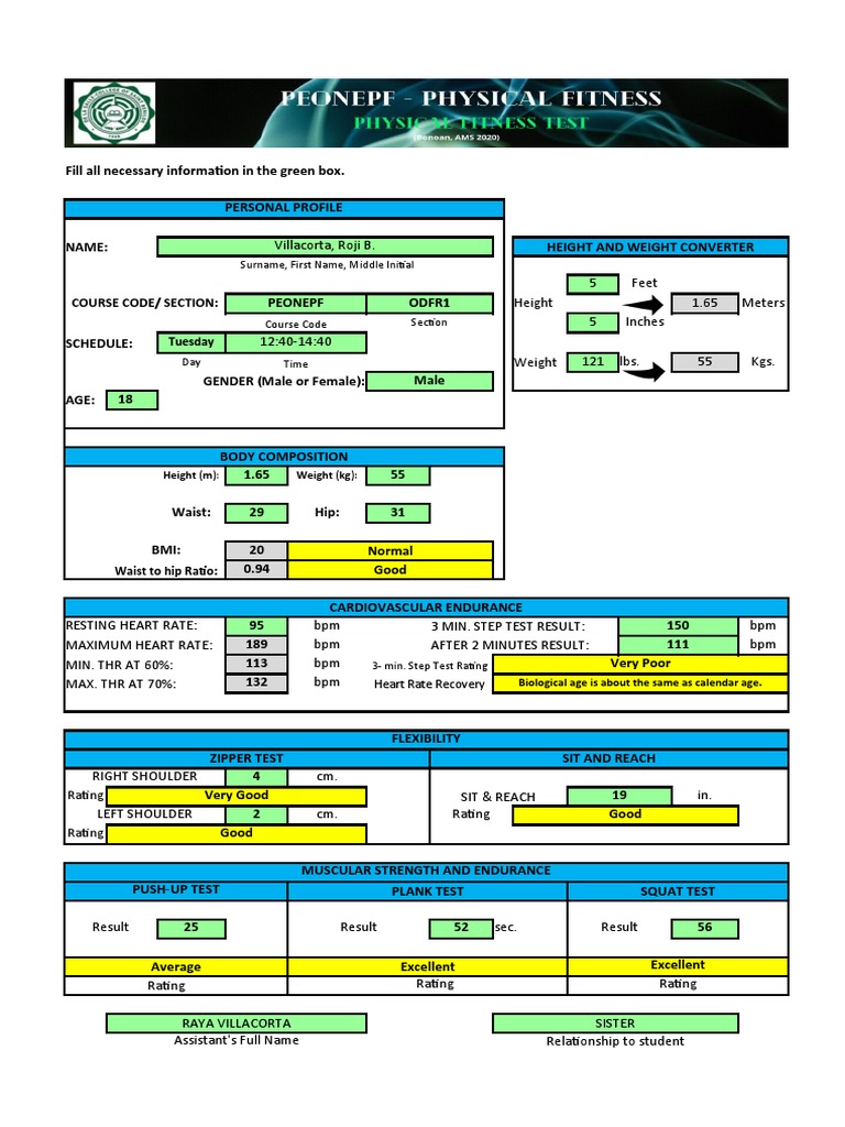 Villacorta - Task 1 - Physical Fitness Test Worksheet | PDF | Heart ...