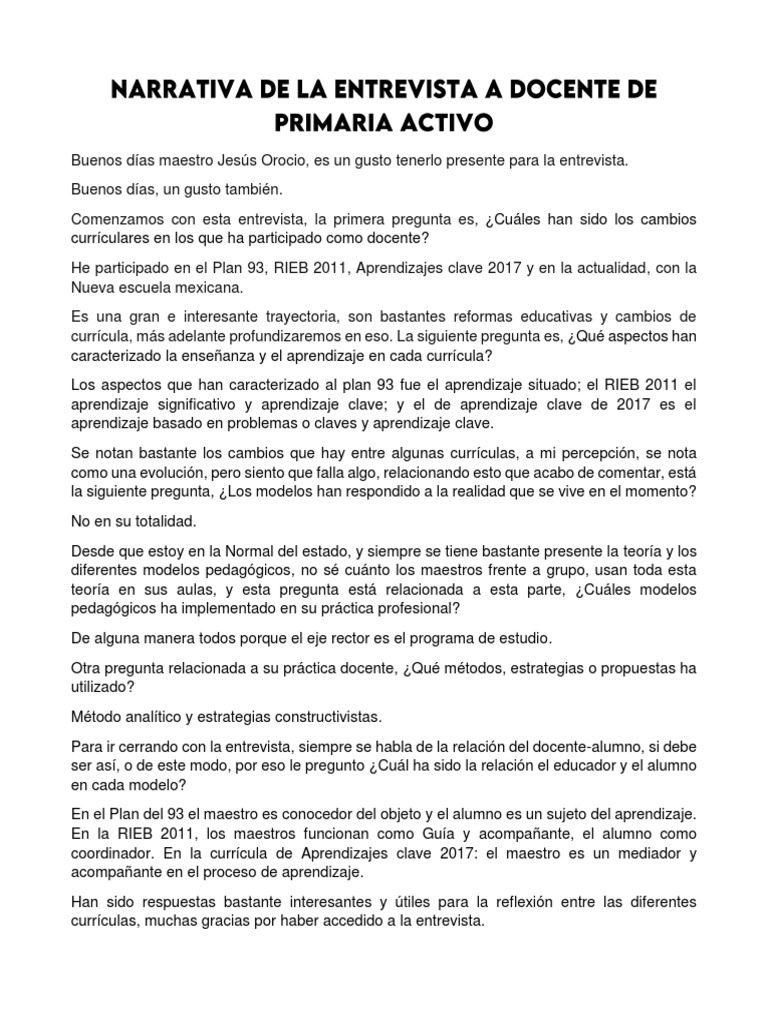 Narrativa de La Entrevista A Docente de Primaria Activo | PDF