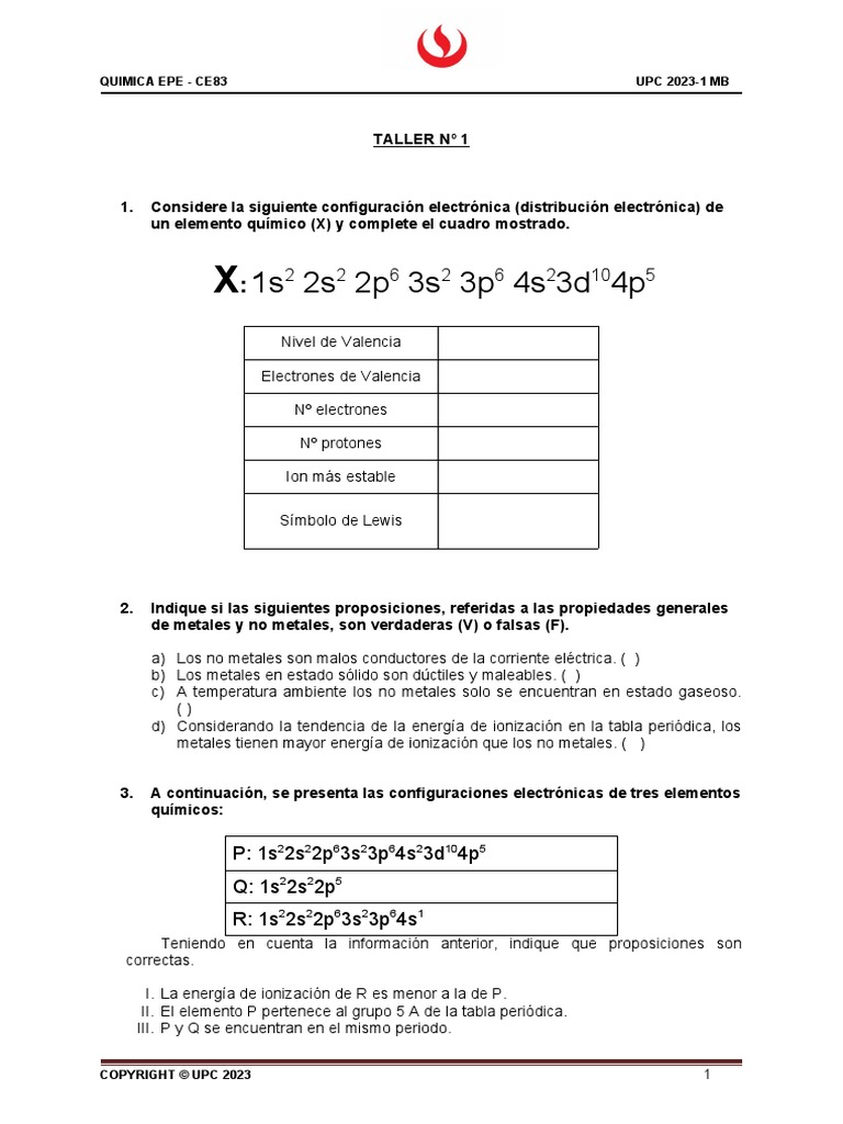 Taller 1 Quimica (Ce83) 2023 - 1 MB | PDF | Ion | Rieles