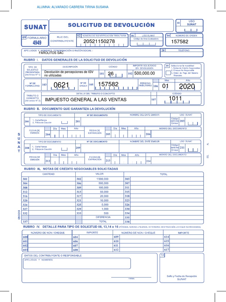 Solicitud de Devolución - Formulario N° 4949.pdf | PDF
