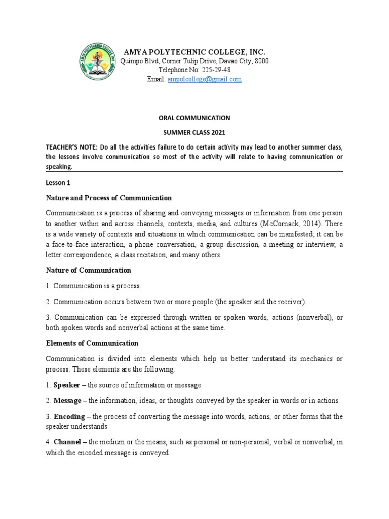 ORAL COM SUMMER CLASS Activity | PDF | Communication | Cognitive Science