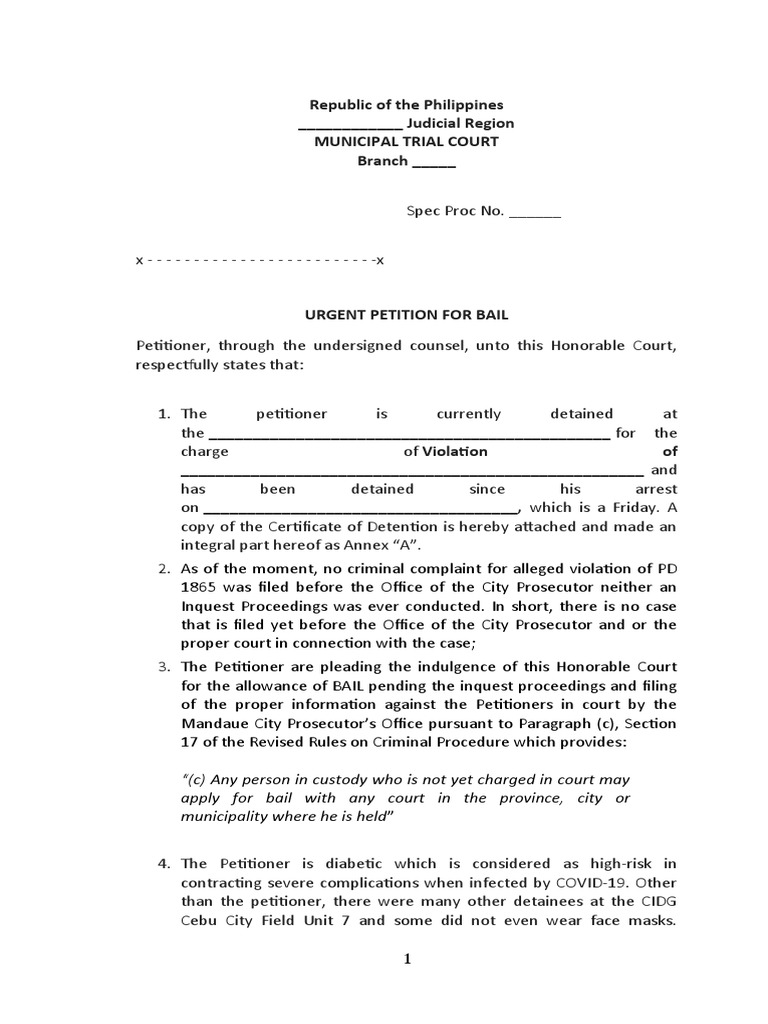Sample Petition For Bail | PDF | Bail | Detention (Imprisonment)