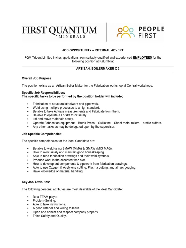 Artisan Boilermaker Job Opening at FQM | PDF | Welding | Construction