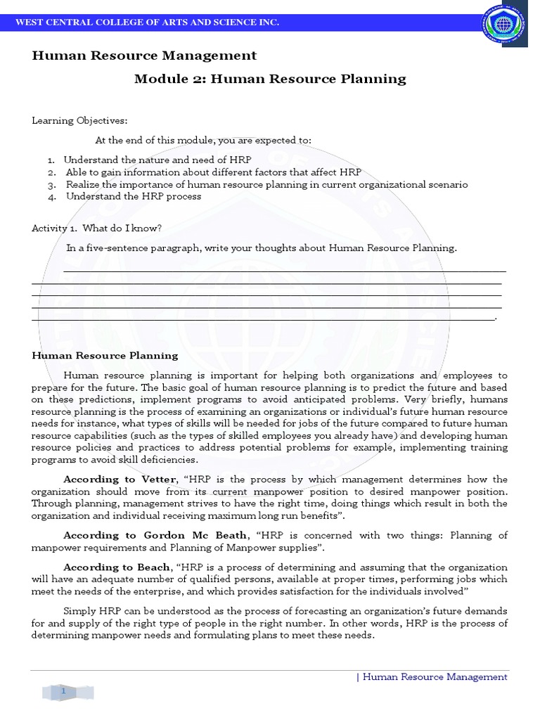 Module 2 Human Resource Planning Pdf Human Resources Human