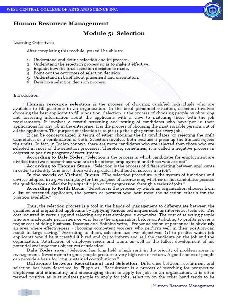 Module 5 Selection Pdf Recruitment Employment