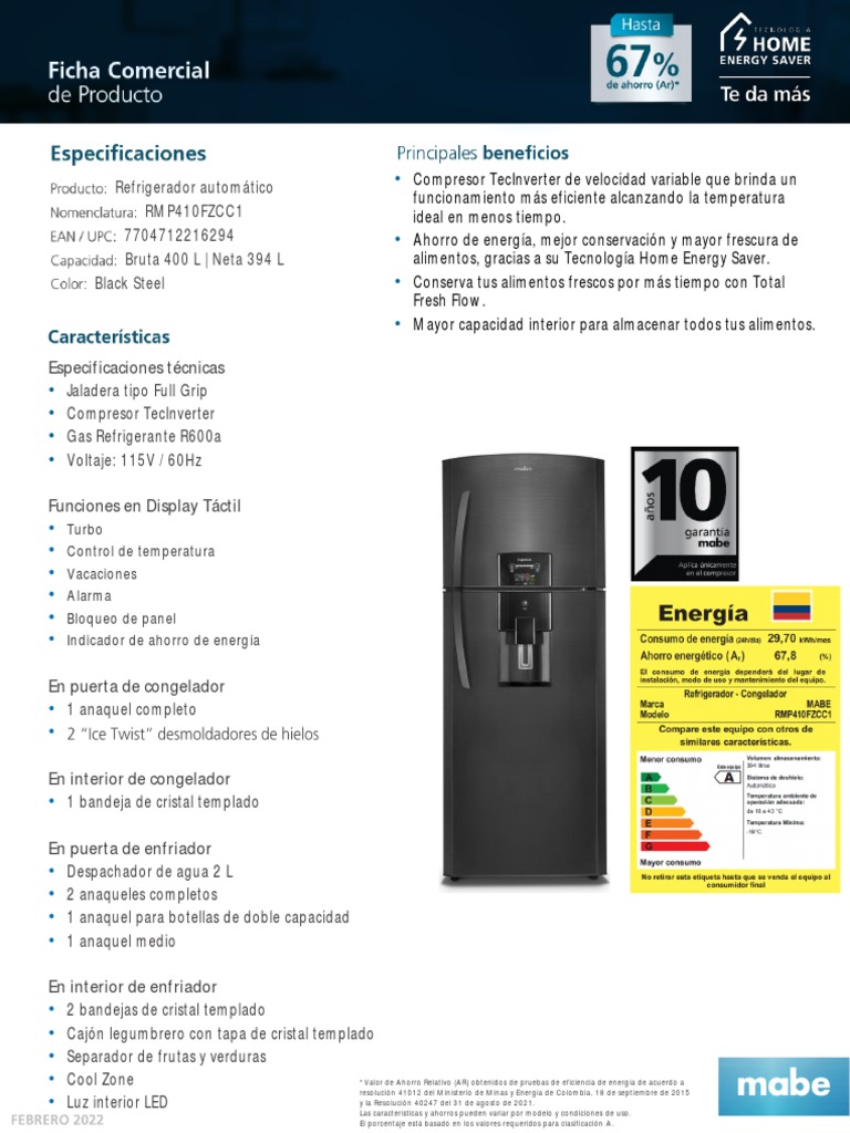 Ficha Técnica Nevera No Frost Inverter 421Lts. Brutos Black Steel Mabe - RMP410FZCC1 | PDF ...