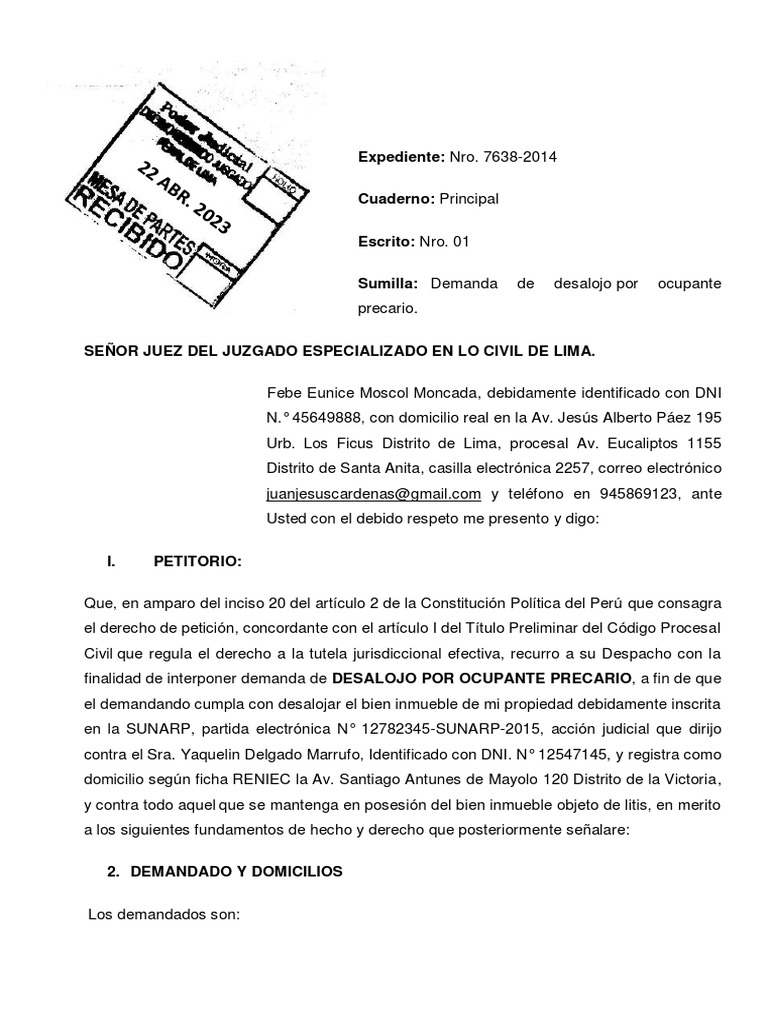 Demanda de Desalojo Por Ocupante Precario. (2) (2) | PDF | Propiedad ...