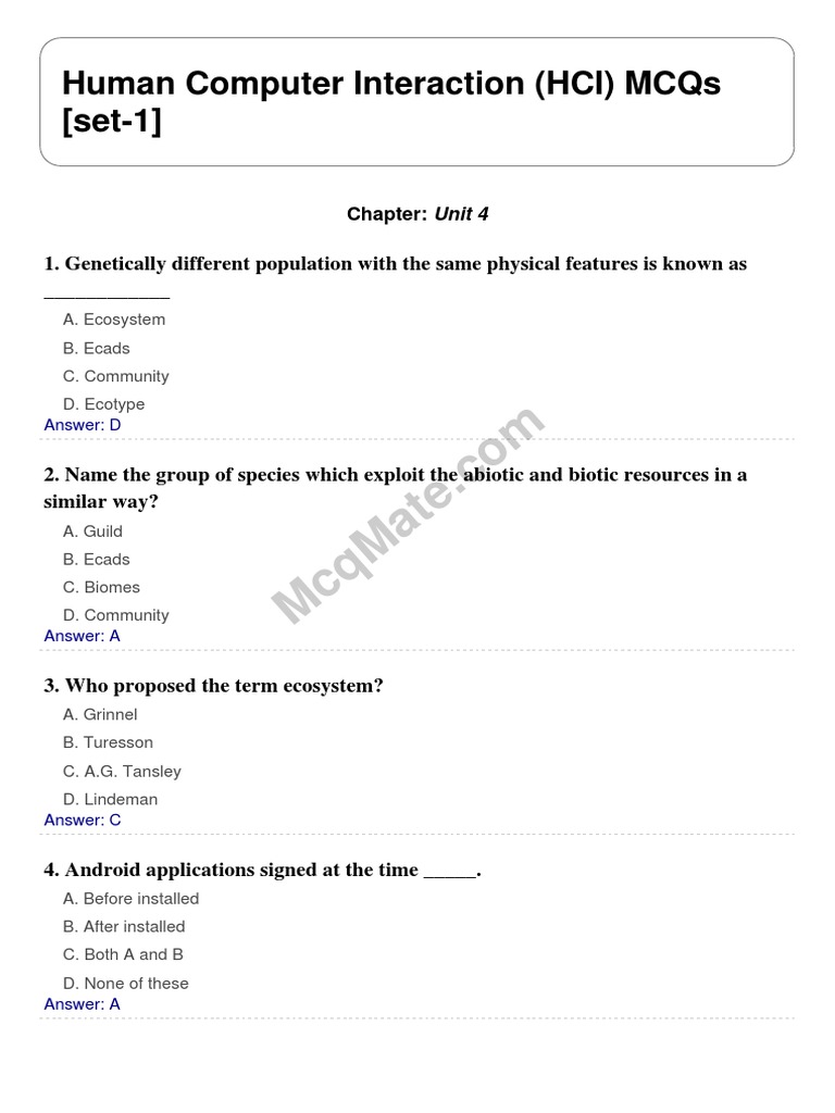 Human Computer Interaction (HCI) (Chapter - Unit 4) Solved MCQs (Set-1) | PDF | Computers