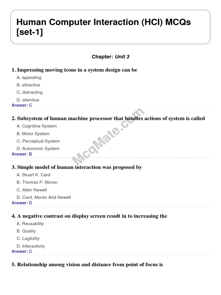 Human Computer Interaction (HCI) Solved MCQs (Set-1) | PDF | Human–Computer Interaction | Visual ...