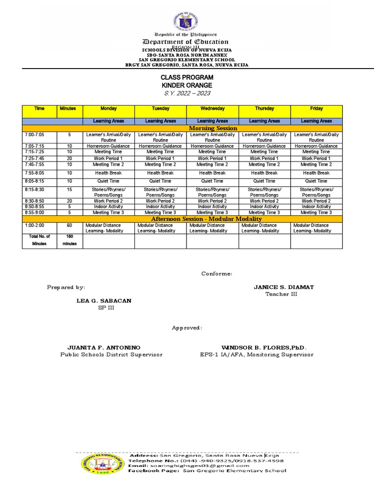 Class Program For MDL Kindergarten Janice S. Diamat..... | PDF ...