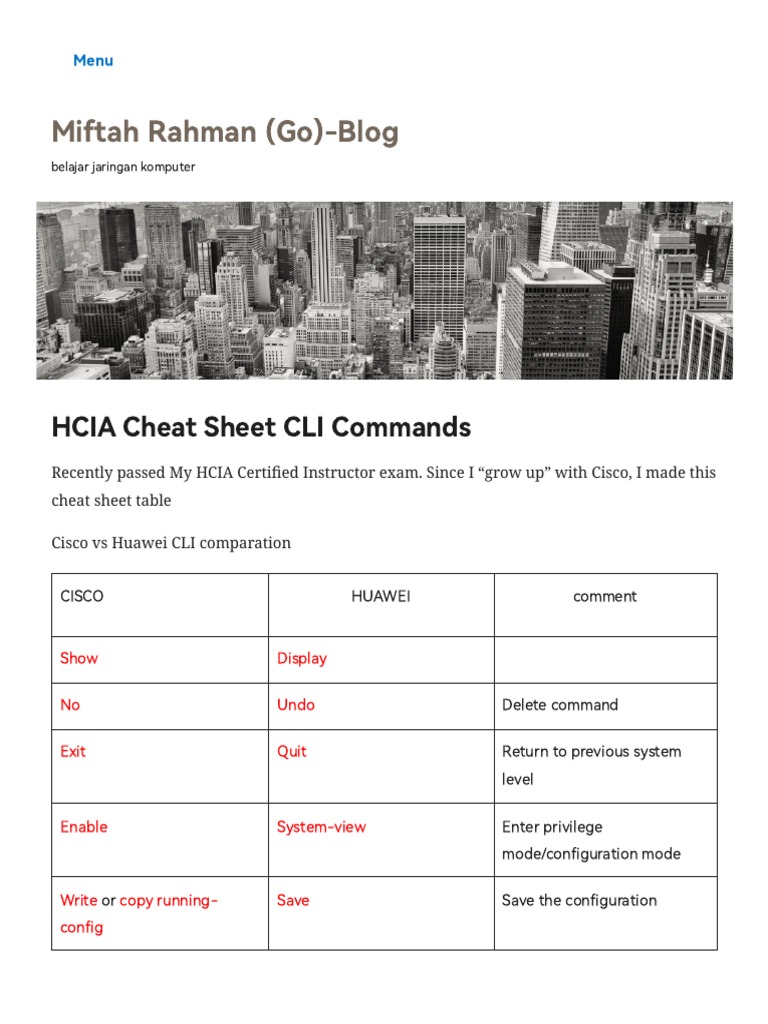 Cisco and Huawei CLI Command Cheat Sheet | PDF | Ip Address | I Pv6