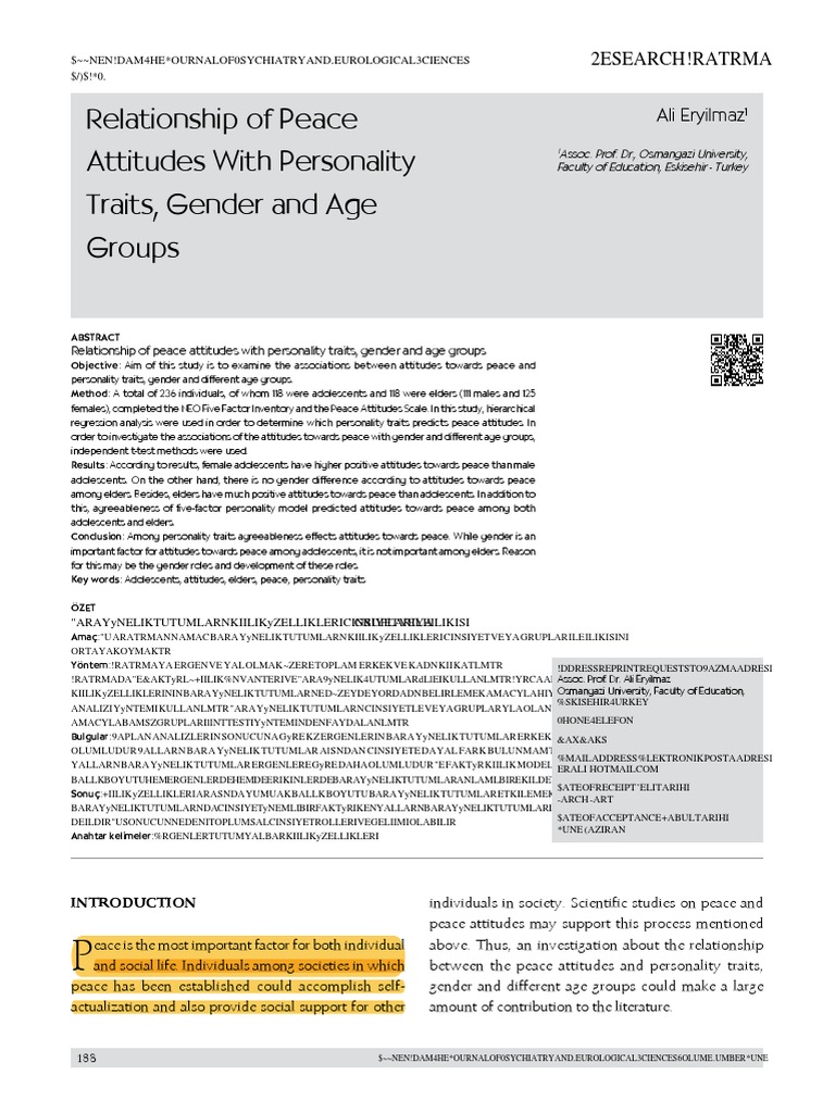 Relationship of Peace Attitudes With Personality Traits, Gender and Age Groups | PDF | Attitude ...
