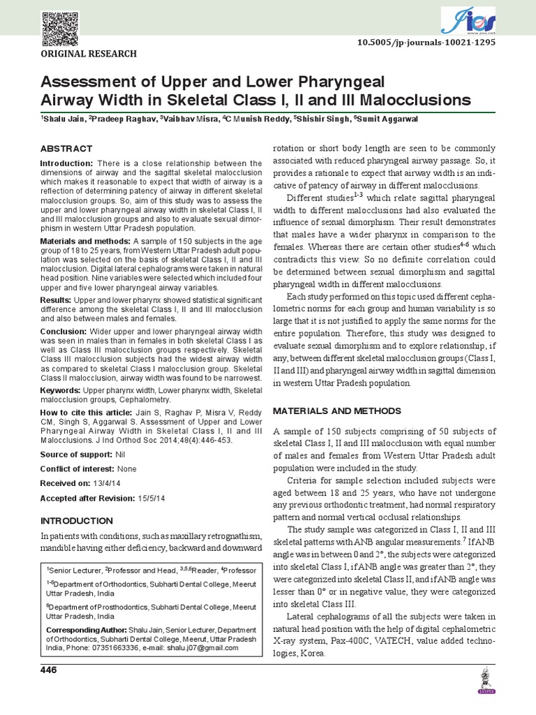 Assessment of Upper and Lower Pharyngeal Airway Width in Skeletal Class I, II and III ...