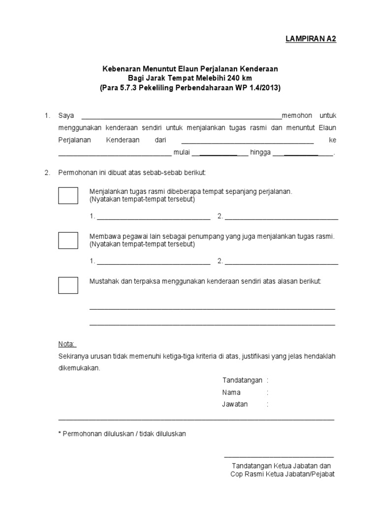 Borang Kebenaran Menuntut Elaun Kenderaan Melebihi 240km | PDF