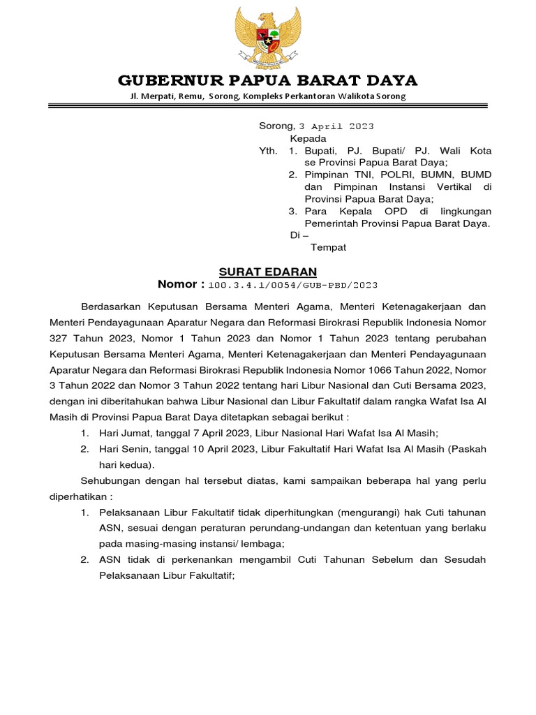 SURAT EDARAN PBD LIBUR WAFAT ISA AL MASIH | PDF SURAT EDARAN PBD LIBUR WAFAT ISA AL MASIH | PDF