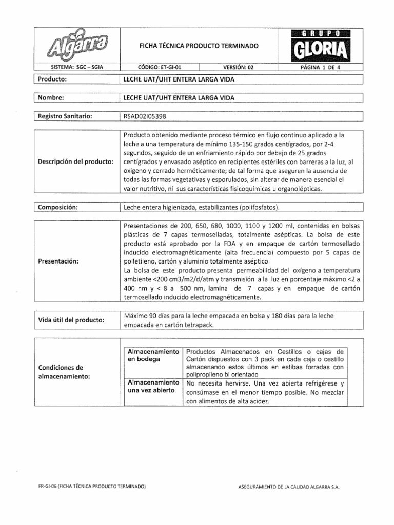 FT - Leche Entera Algarra | PDF