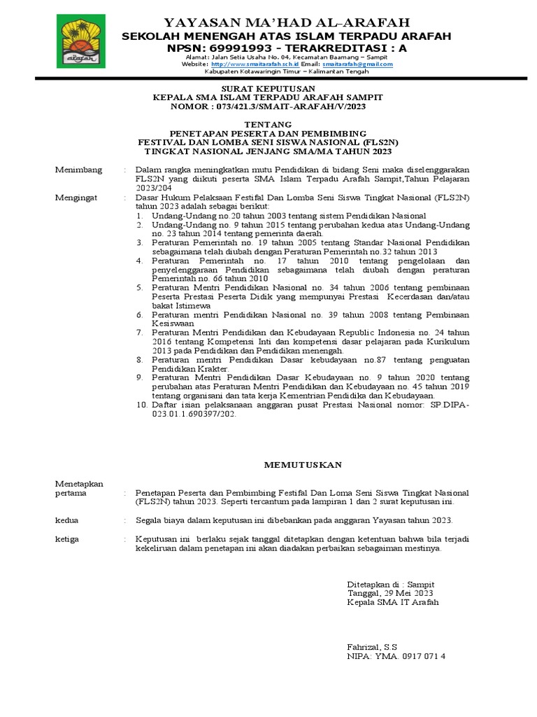 Contoh SK Pedelegasian Peserta FLS2N 2023 | PDF