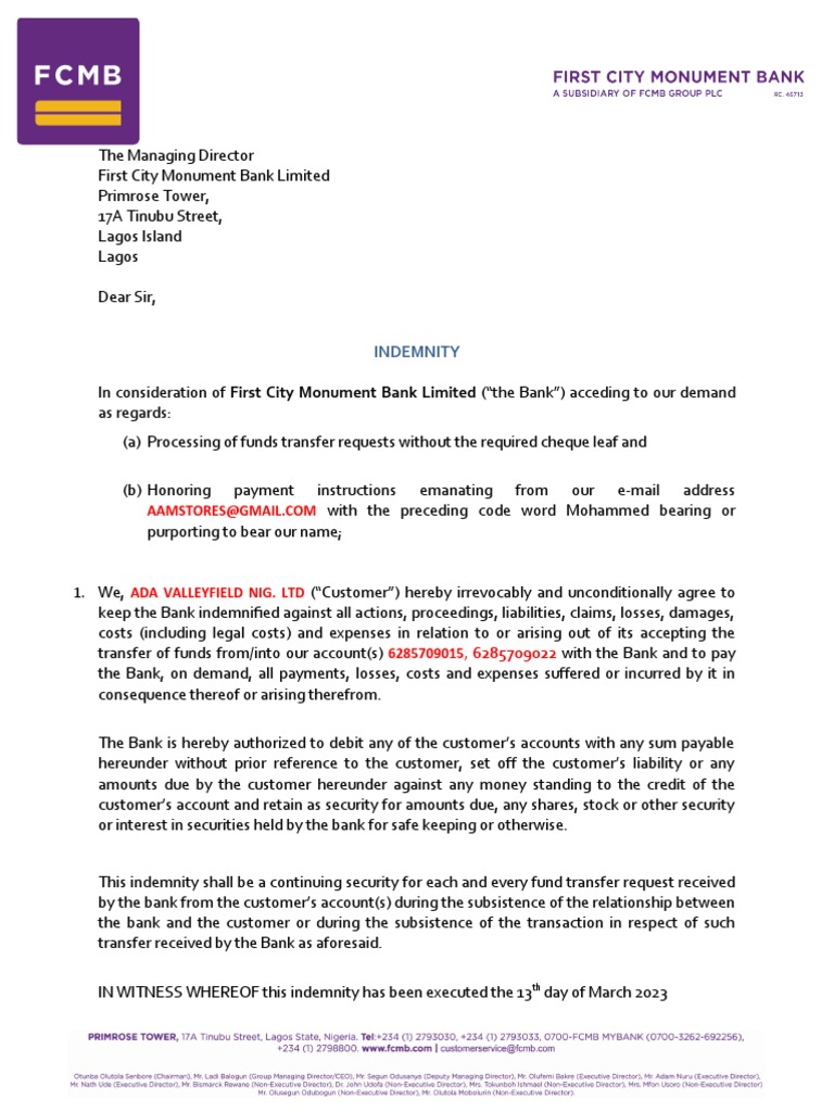 cheque indemnity-ADB VALLEYFIELD | PDF