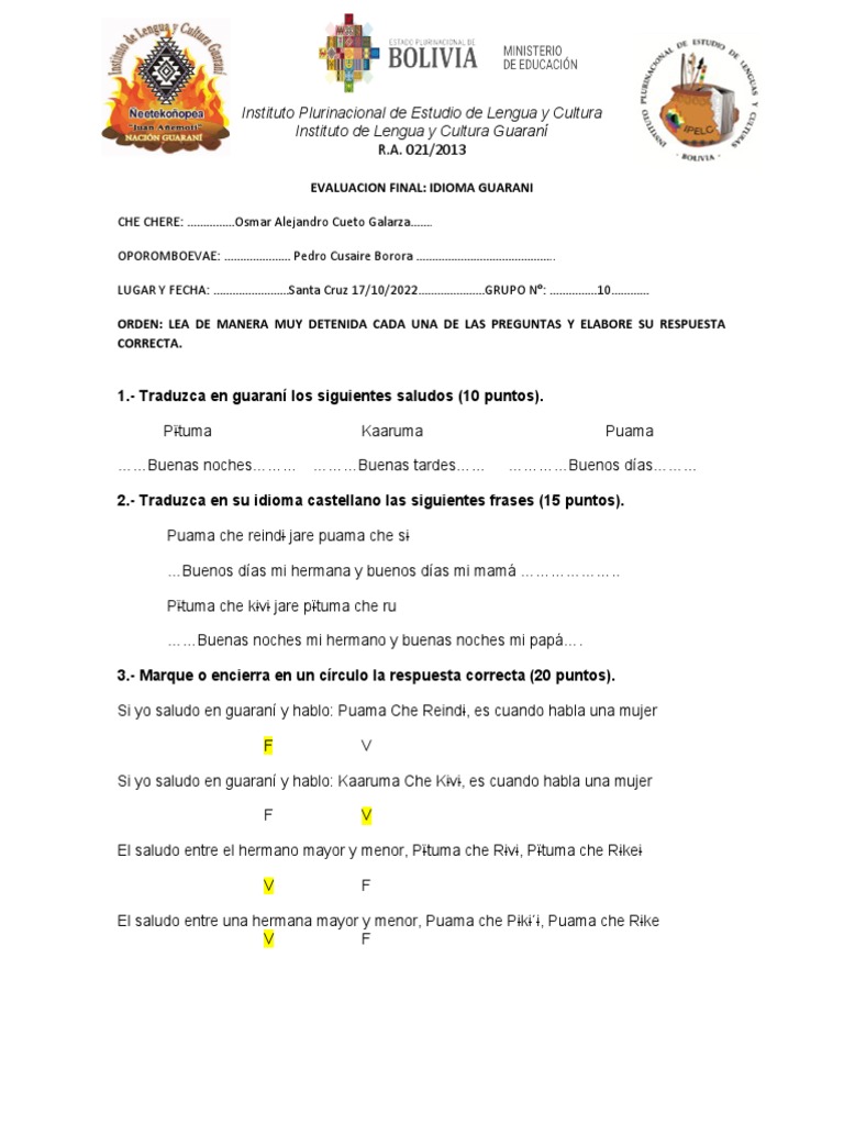 Evaluacion Final Guarani 17 de Octubre de 2022 | PDF | Pueblos Indígenas de las Américas ...
