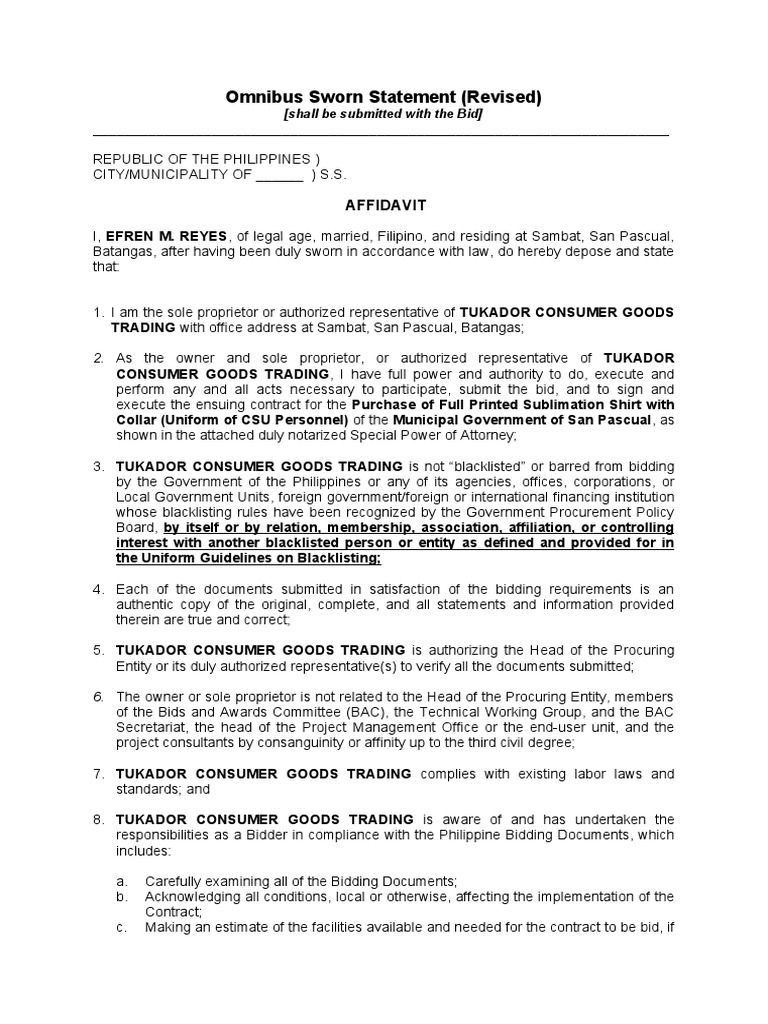 Omnibus Sworn Statement for Bidders | PDF | Affidavit | Fraud
