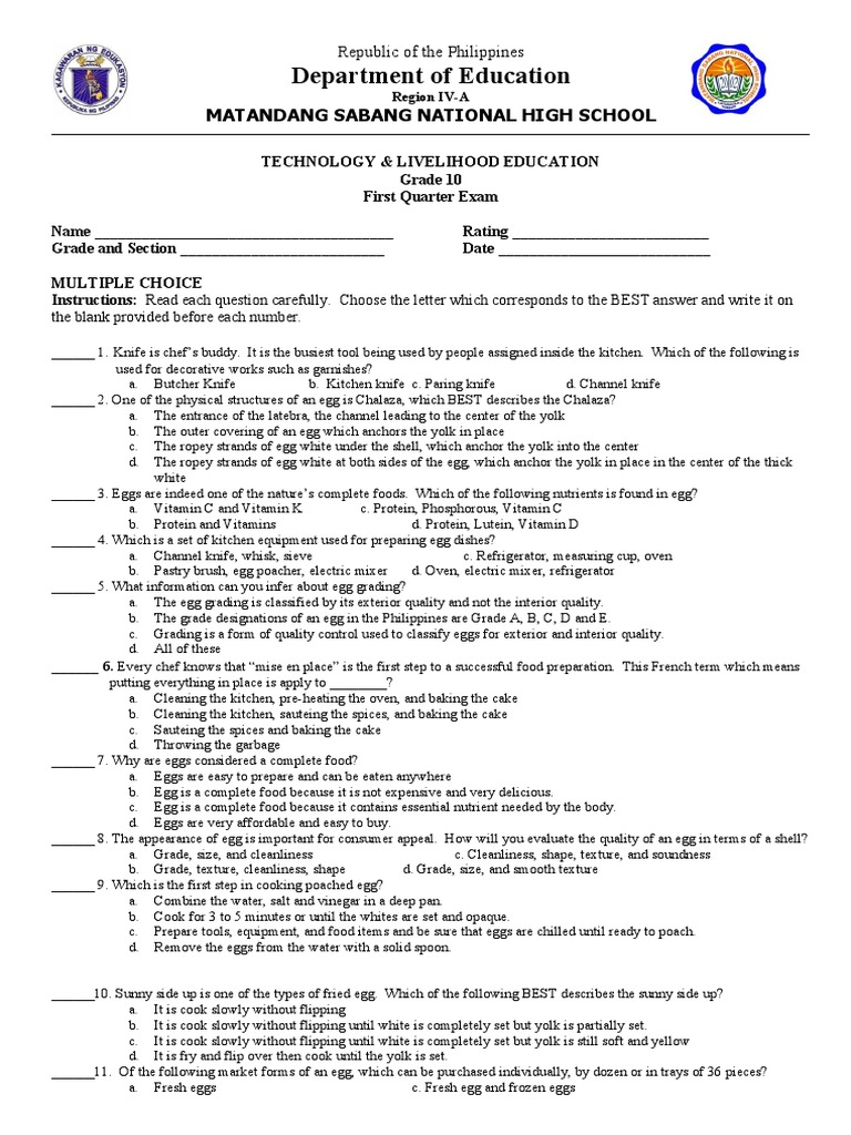 Tle 10 Q1 Exam Pdf Egg As Food Starch