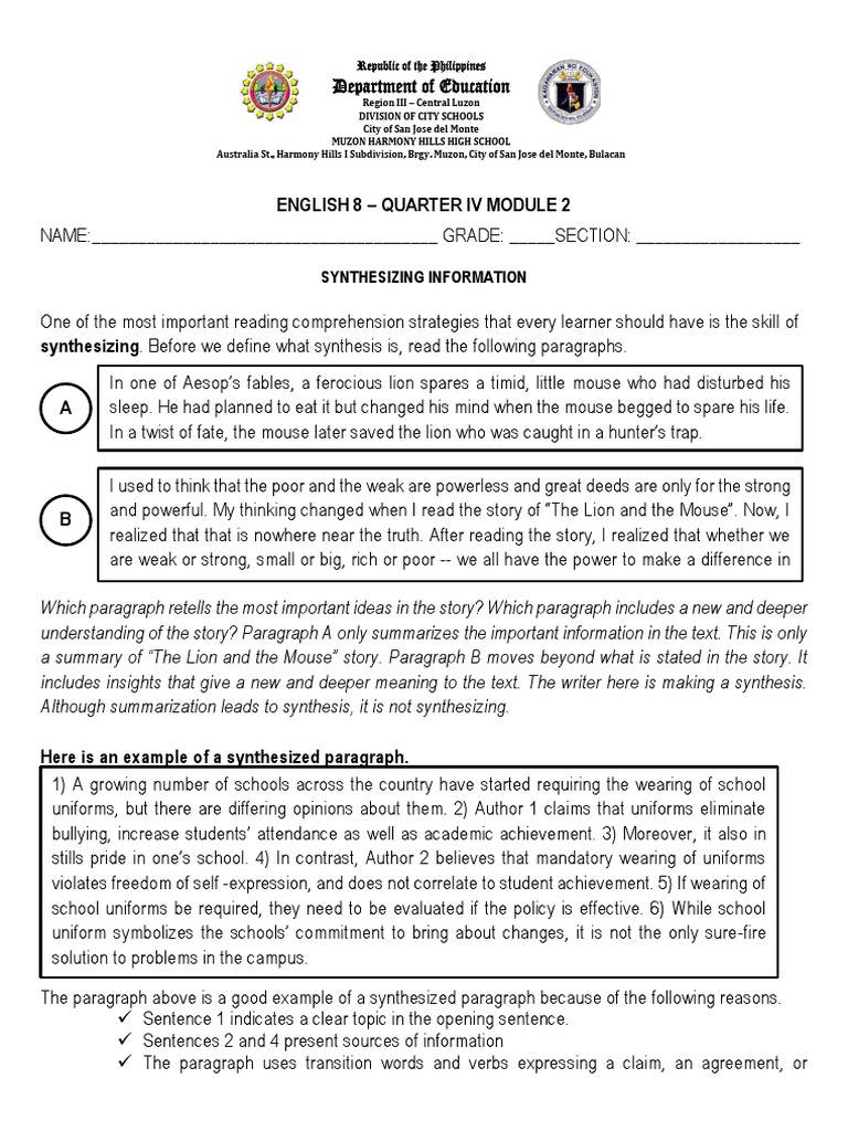 Quarter 4 Module 3 Synthesizing | PDF | Information | Idea