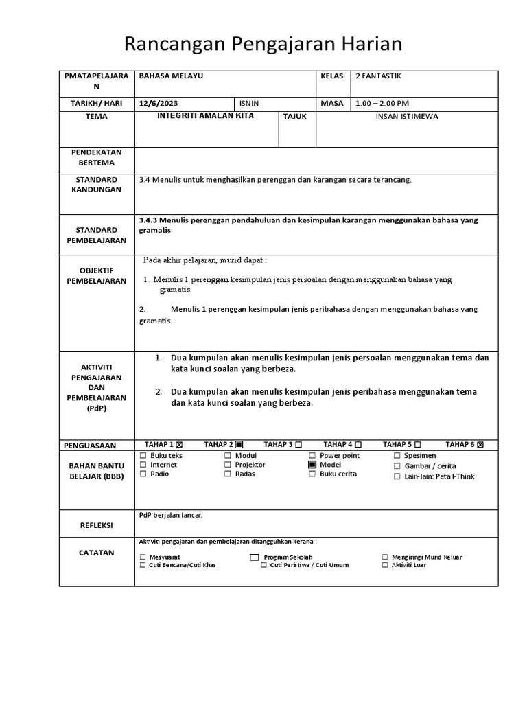 Rancangan Pengajaran Harian: Integriti Amalan Kita | PDF