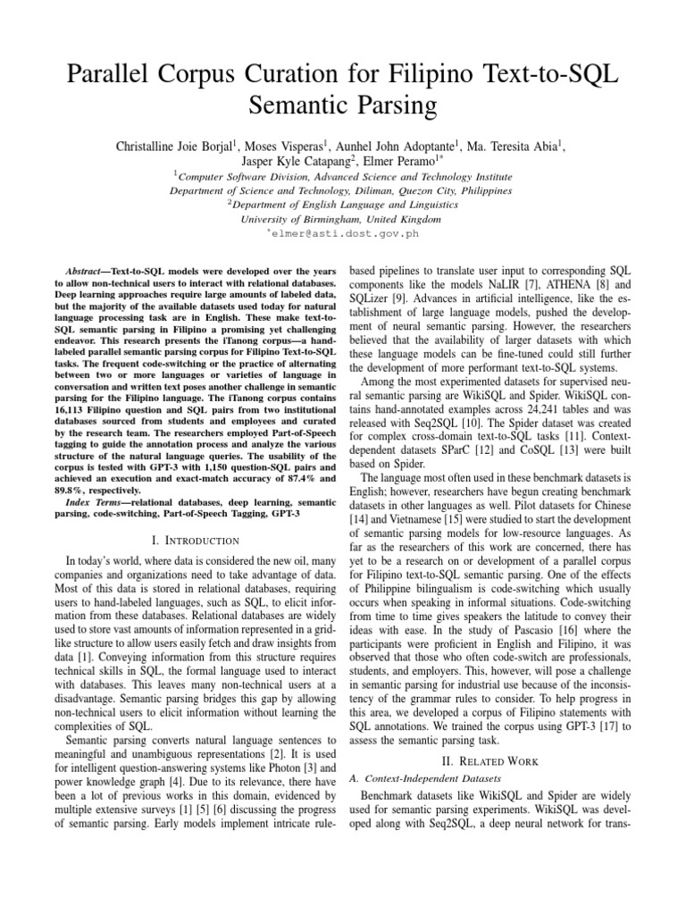 Parallel Corpus Curation for Filipino Text to SQL Semantic Parsing (1) | PDF