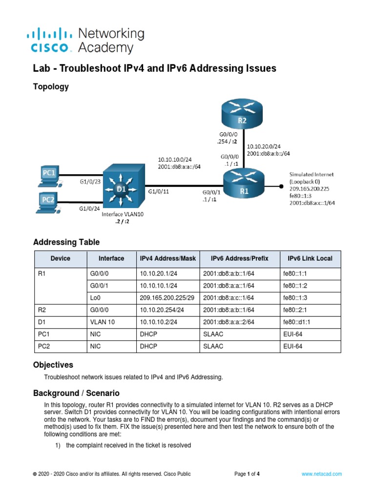 1.1.2 Lab - Troubleshoot Ipv4 and Ipv6 Addressing Issues | PDF 1.1.2 Lab - Troubleshoot Ipv4 and Ipv6 Addressing Issues | PDF